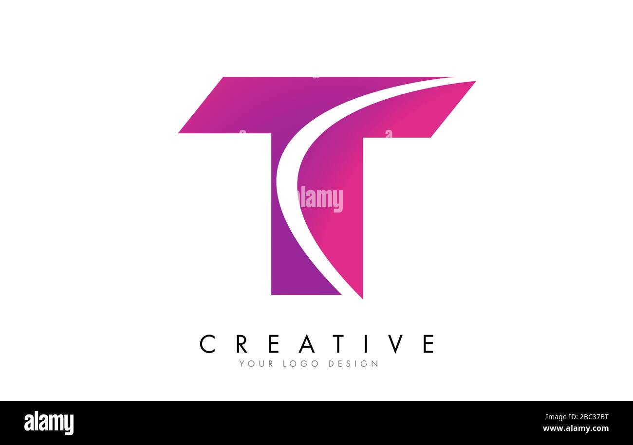 T Letter Logo Design with Ribbon Effect and Bright Pink Gradient ...