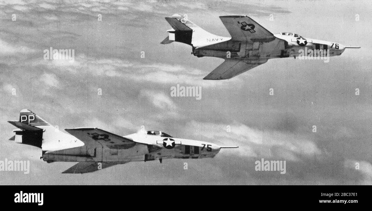 Grumman F9F-8P Cougars of VFP-61 Det.G in flight 1957 Stock Photo - Alamy