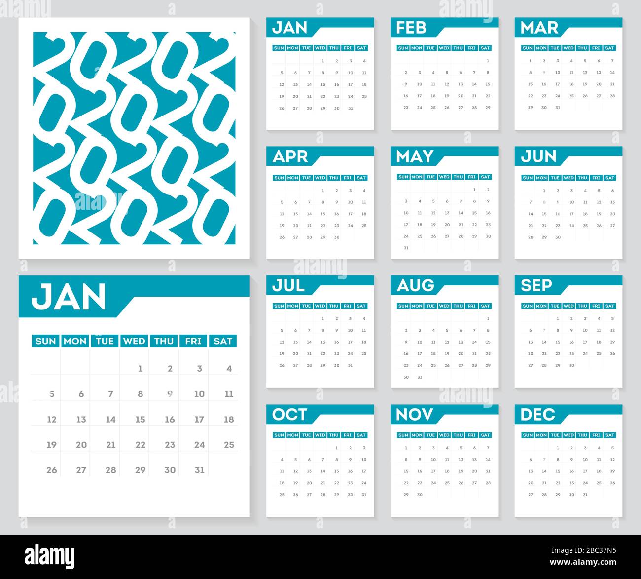 Set of 12 months calendar 2020 year. Week starts from Sunday Stock ...