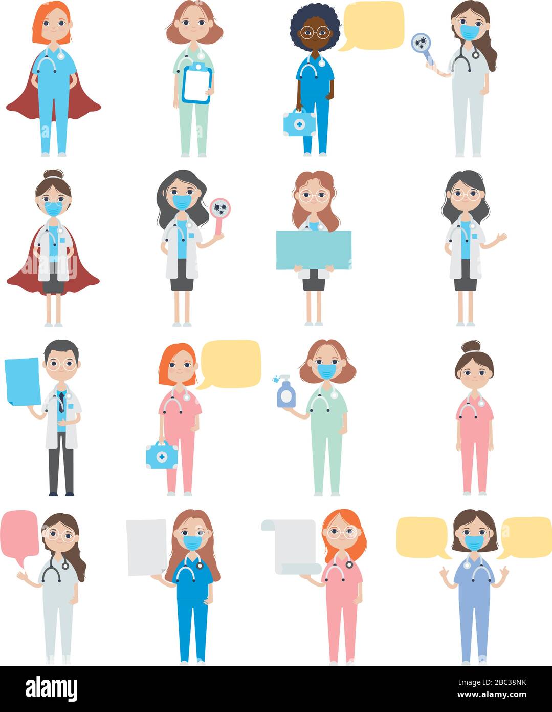 cartoon medical women staff icon set over white background, flat style ...