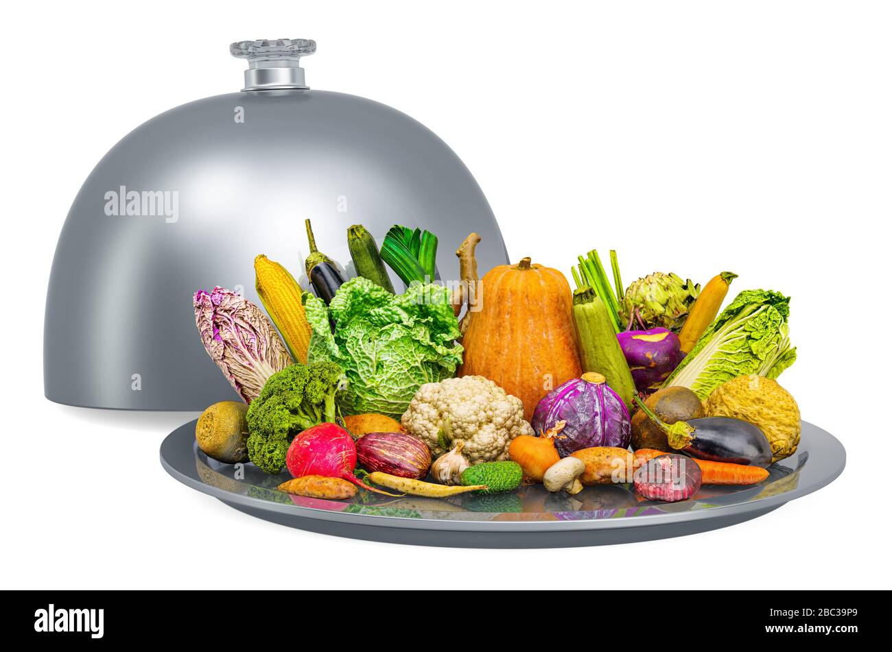 Different vegetables set on restaurant cloche, 3D rendering isolated on ...