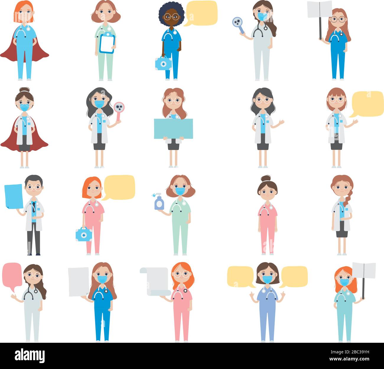 cartoon medical staff standing icon set over white background, flat ...