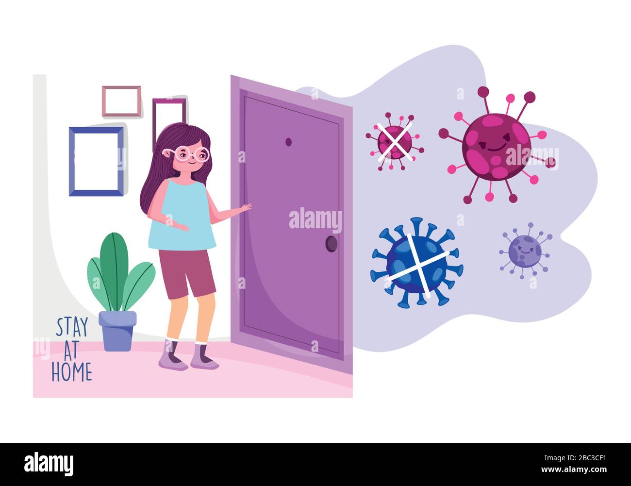 stay at home, young woman in room house quarantine prevention, vector ...