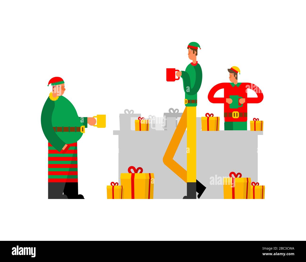 Santa elf at work break. Santa helper drinking coffee. Xmas and New ...