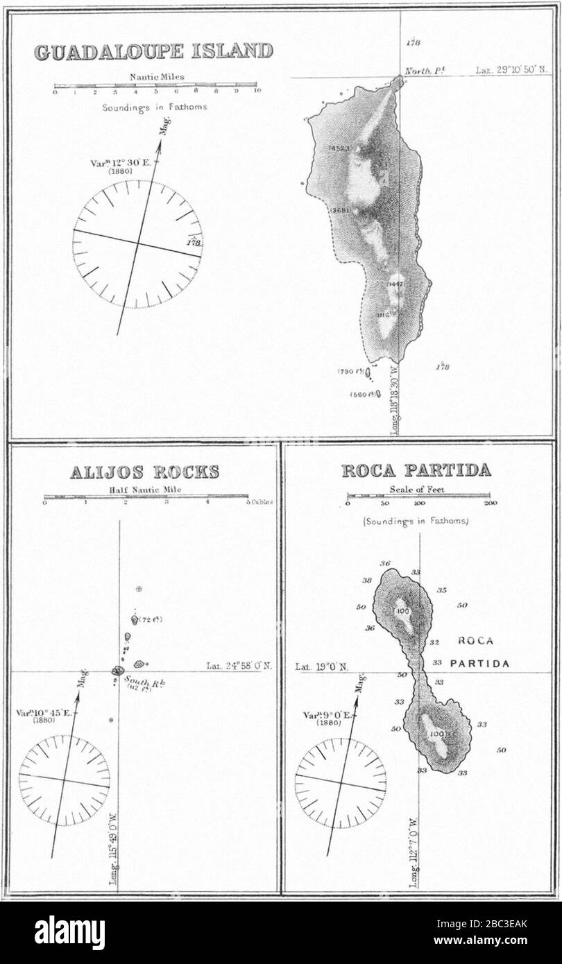 Guadaloupe Island Alijos Rocks Roca Partida 1881 sea chart Stock Photo ...