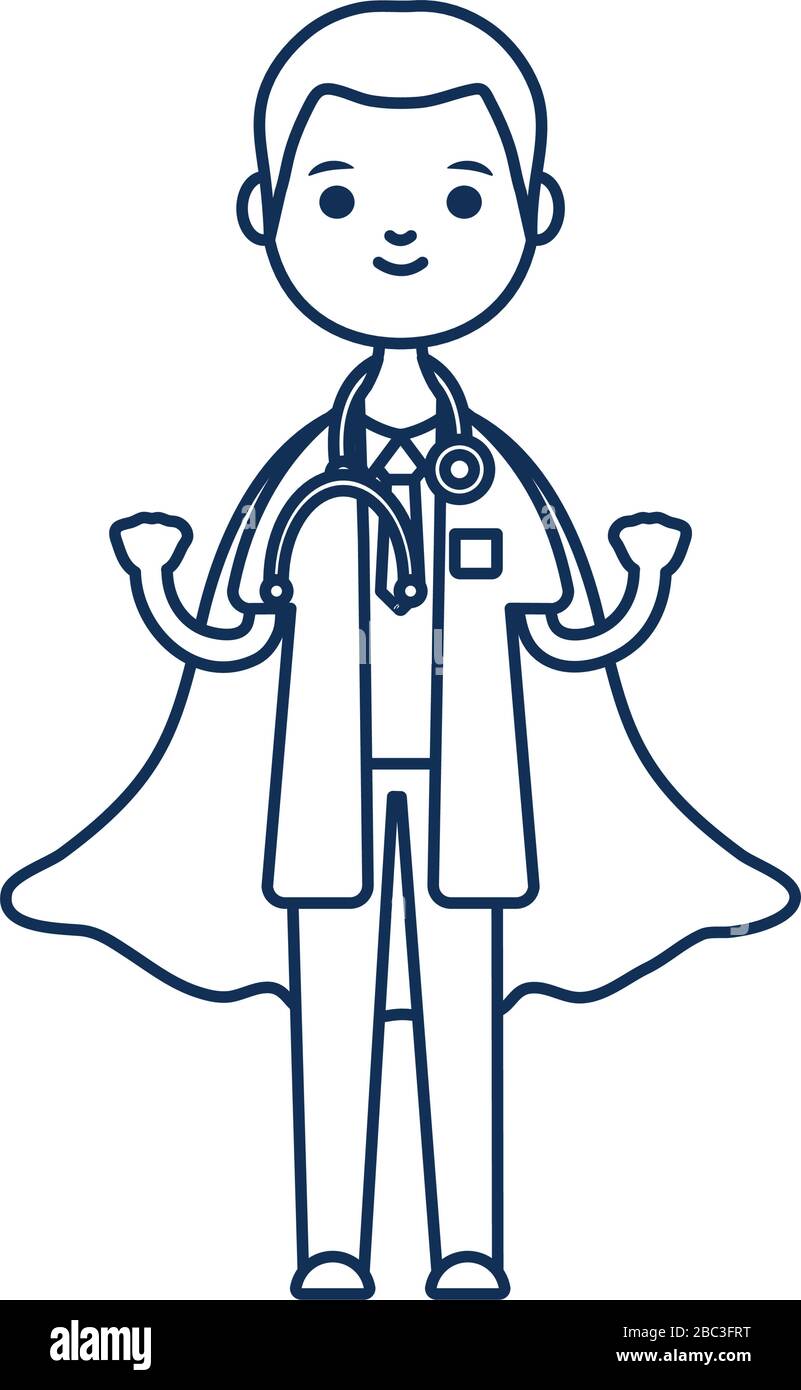 cartoon doctor with hero layer icon over white background, line style ...