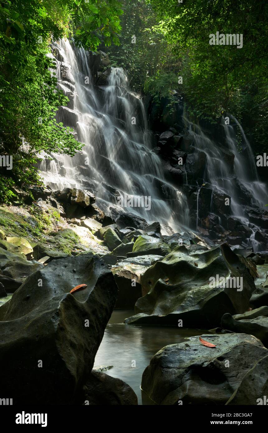 Kanto Lampo curtain waterfall and river in a forest canyon, long ...
