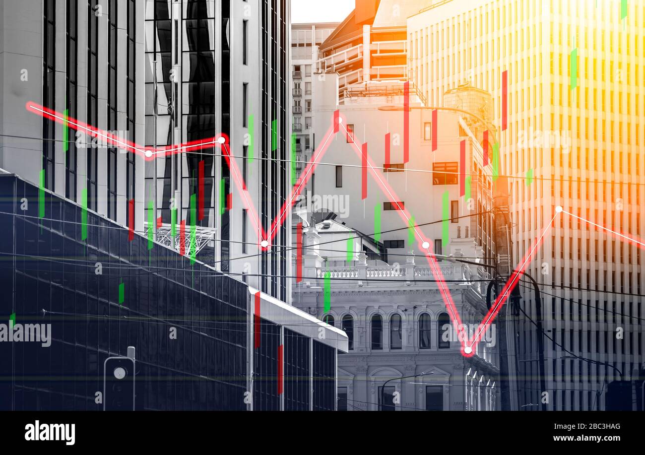 Index graph chart with buildings background double exposure. Financial ...