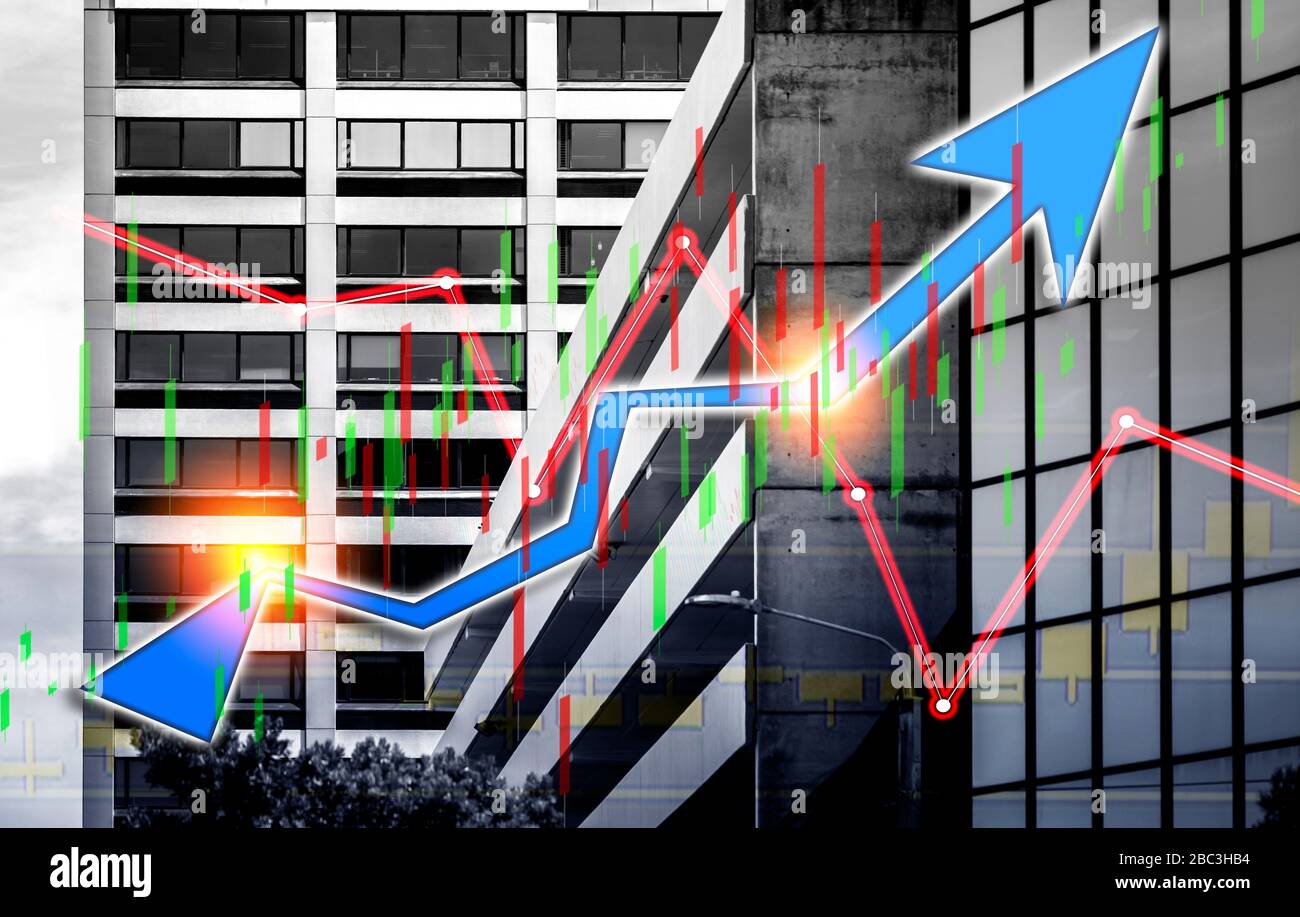 Index graph chart with buildings background double exposure. Financial ...