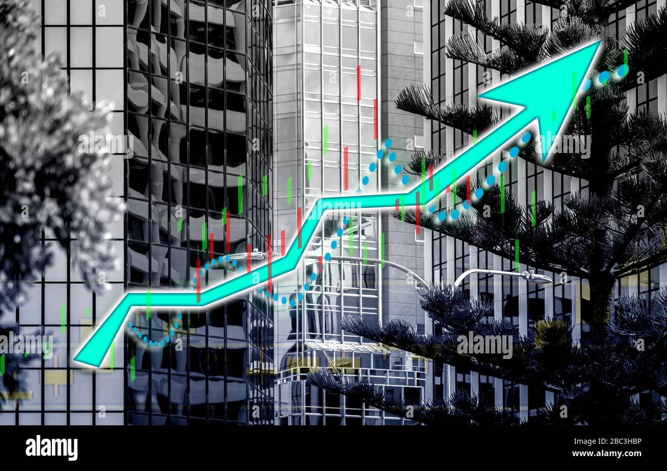 Index graph chart with buildings background double exposure. Financial ...