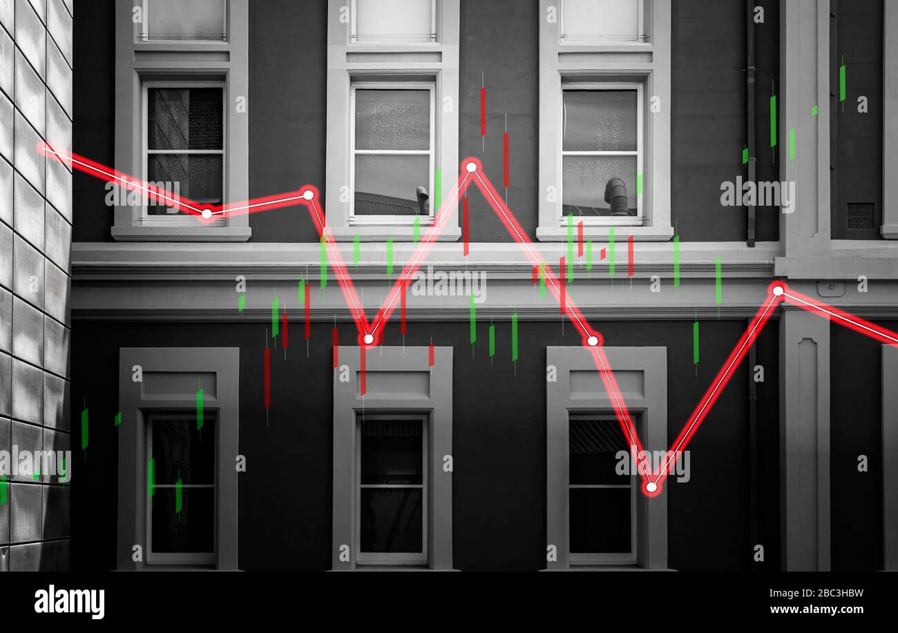 Index graph chart with buildings background double exposure. Financial ...