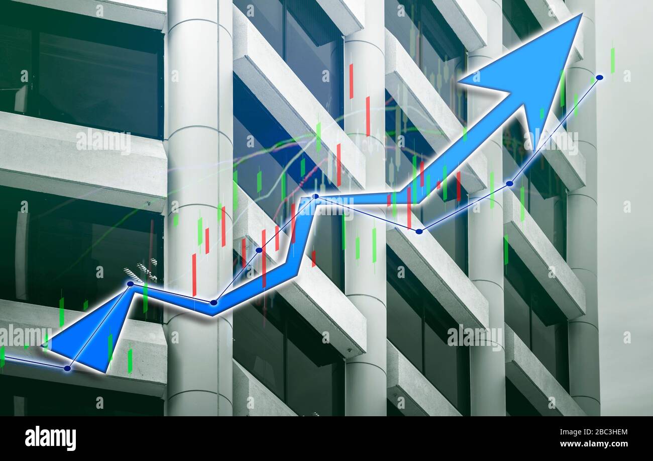 Index graph chart with buildings background double exposure. Financial ...
