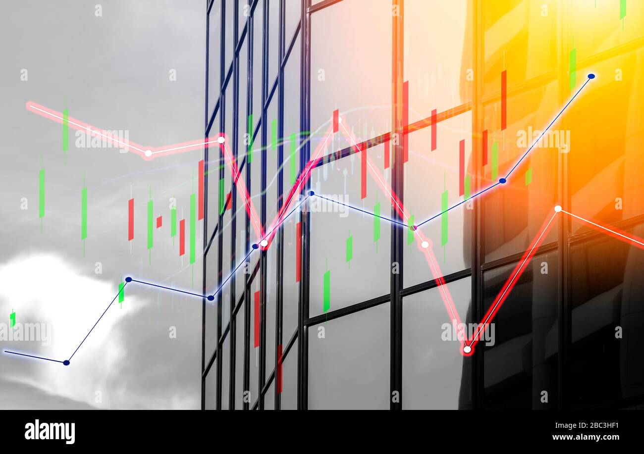 Index graph chart with buildings background double exposure. Financial ...