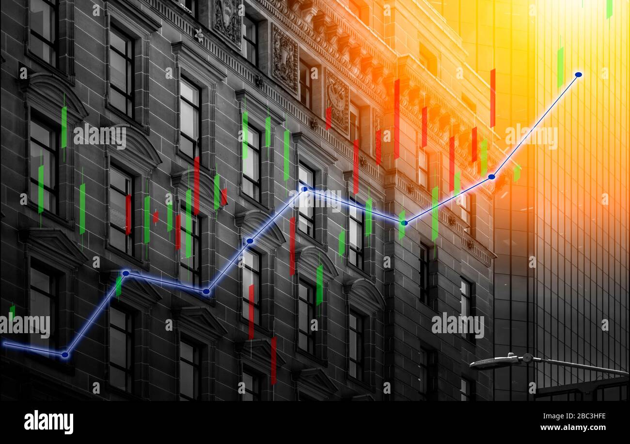 Index graph chart with buildings background double exposure. Financial ...