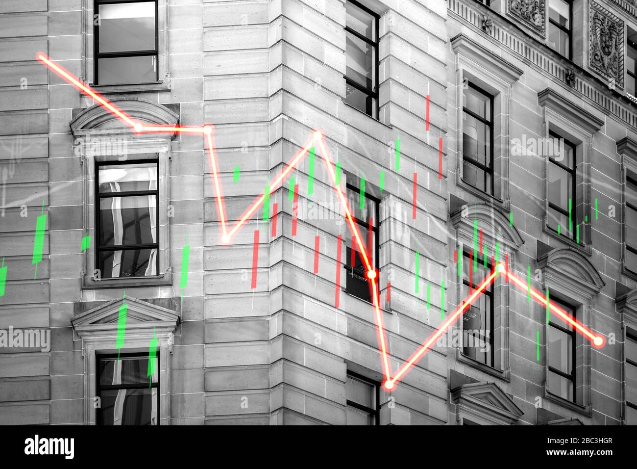 Index graph chart with buildings background double exposure. Financial ...