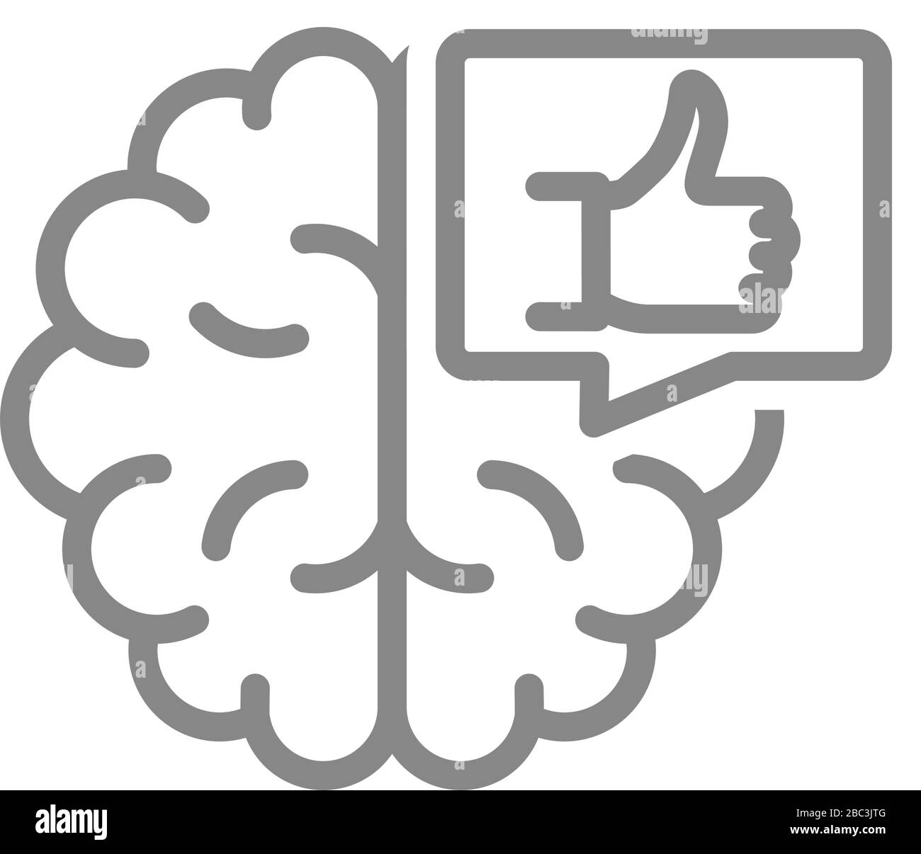 Brain with thumb up in speech bubble line icon. Healthy internal organ ...
