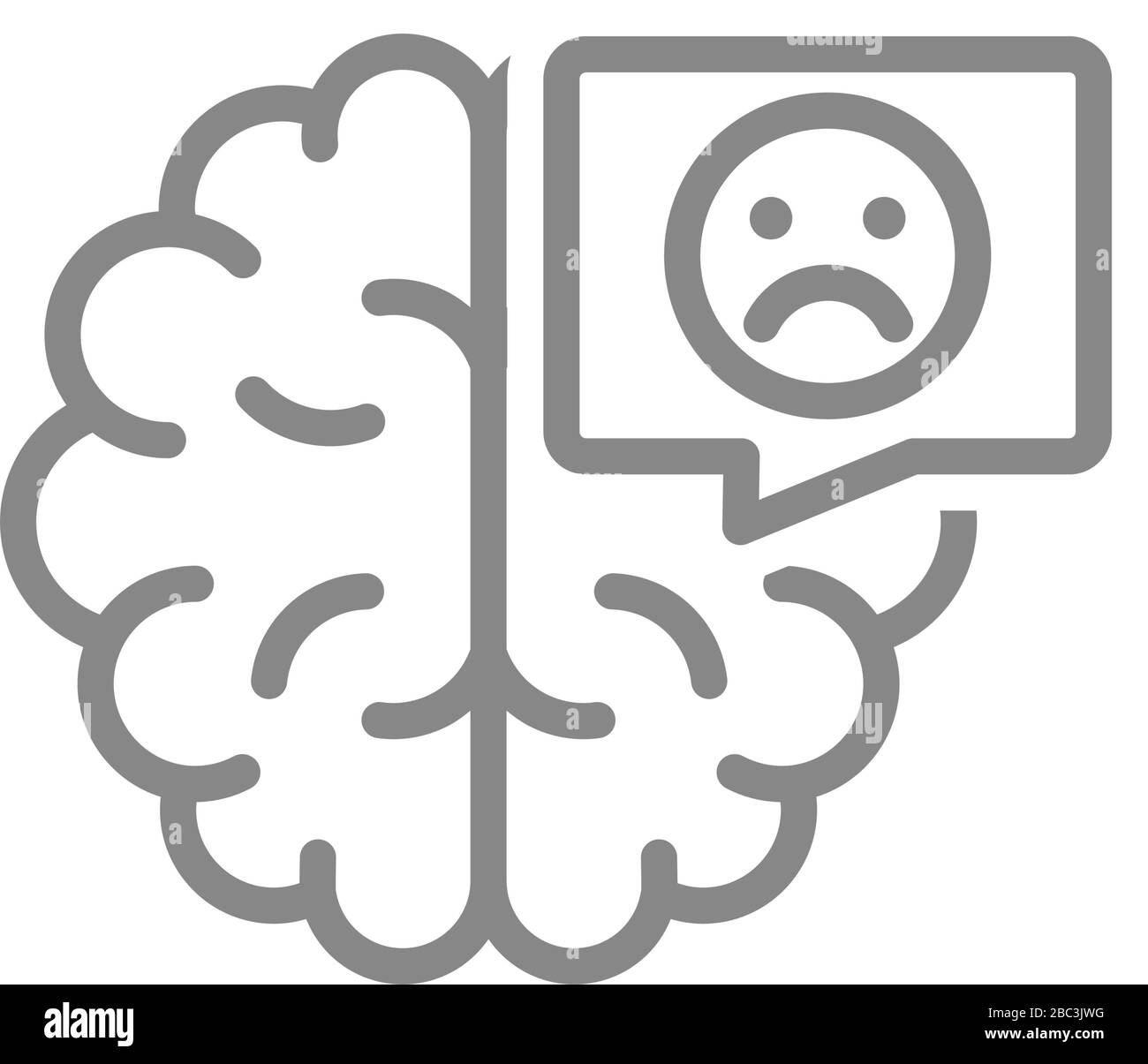 Brain with sad face in speech bubble line icon. Diseased internal organ ...