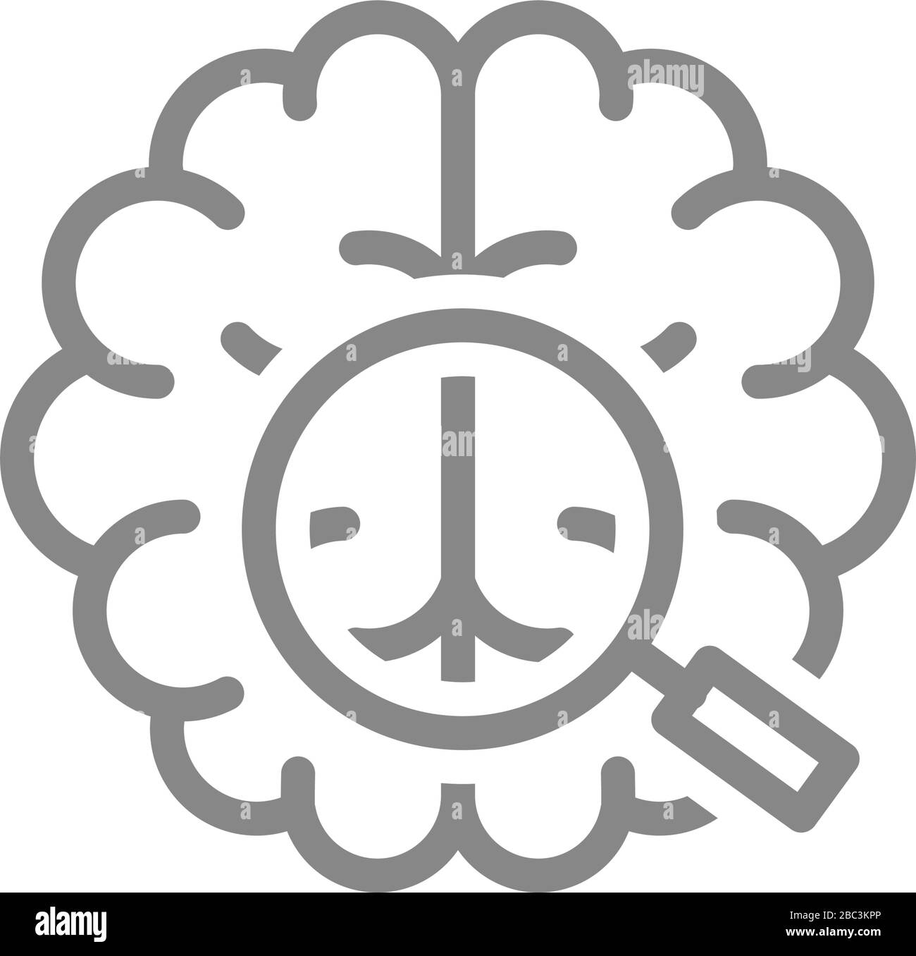 Brain with magnifying glass line icon. Organ research, health analyzes ...