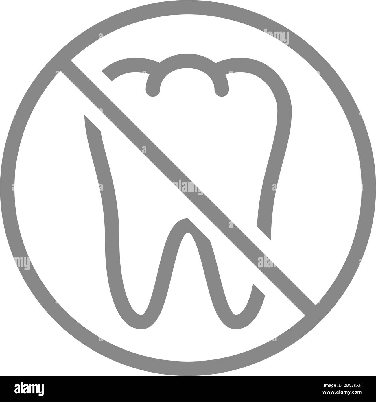 Forbidden sign with a tooth line icon. Transplantation, pull out a ...