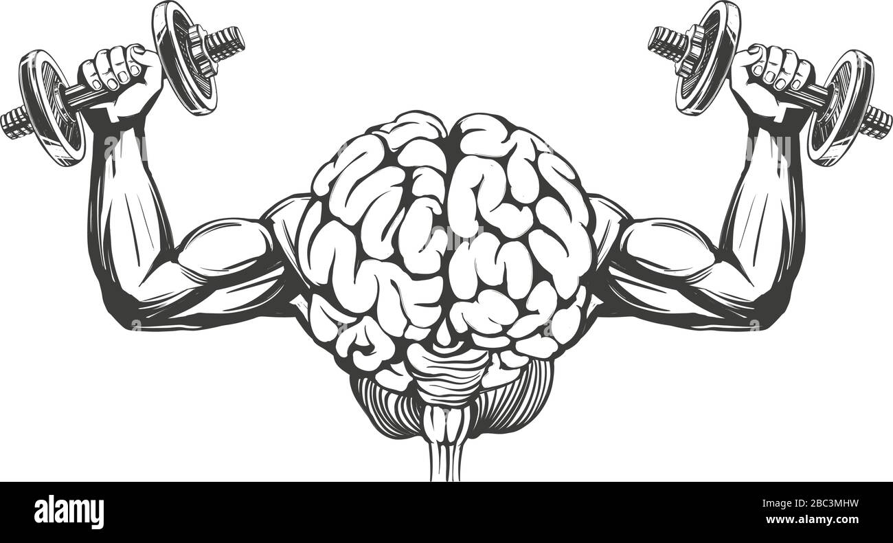 brain with strong hands, brain training, icon cartoon hand drawn vector ...