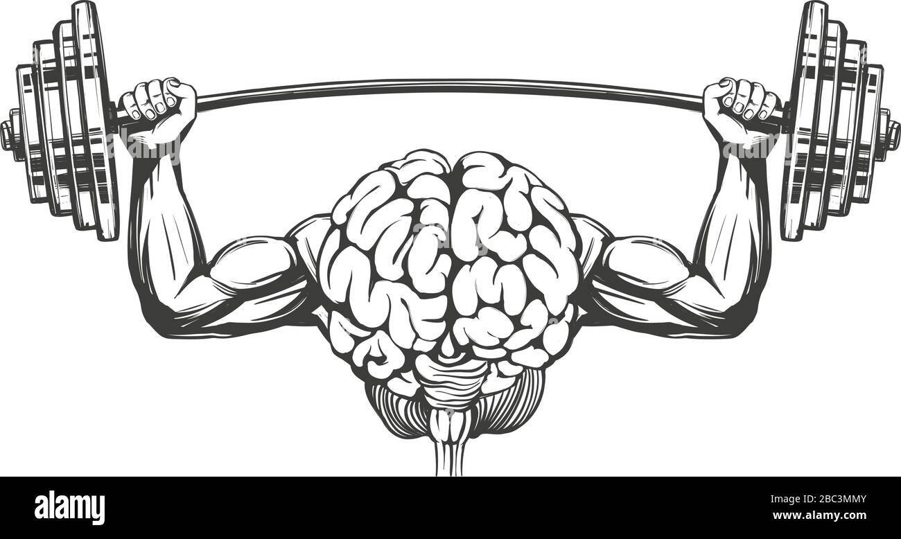 brain with strong hands, brain training, icon cartoon hand drawn vector ...