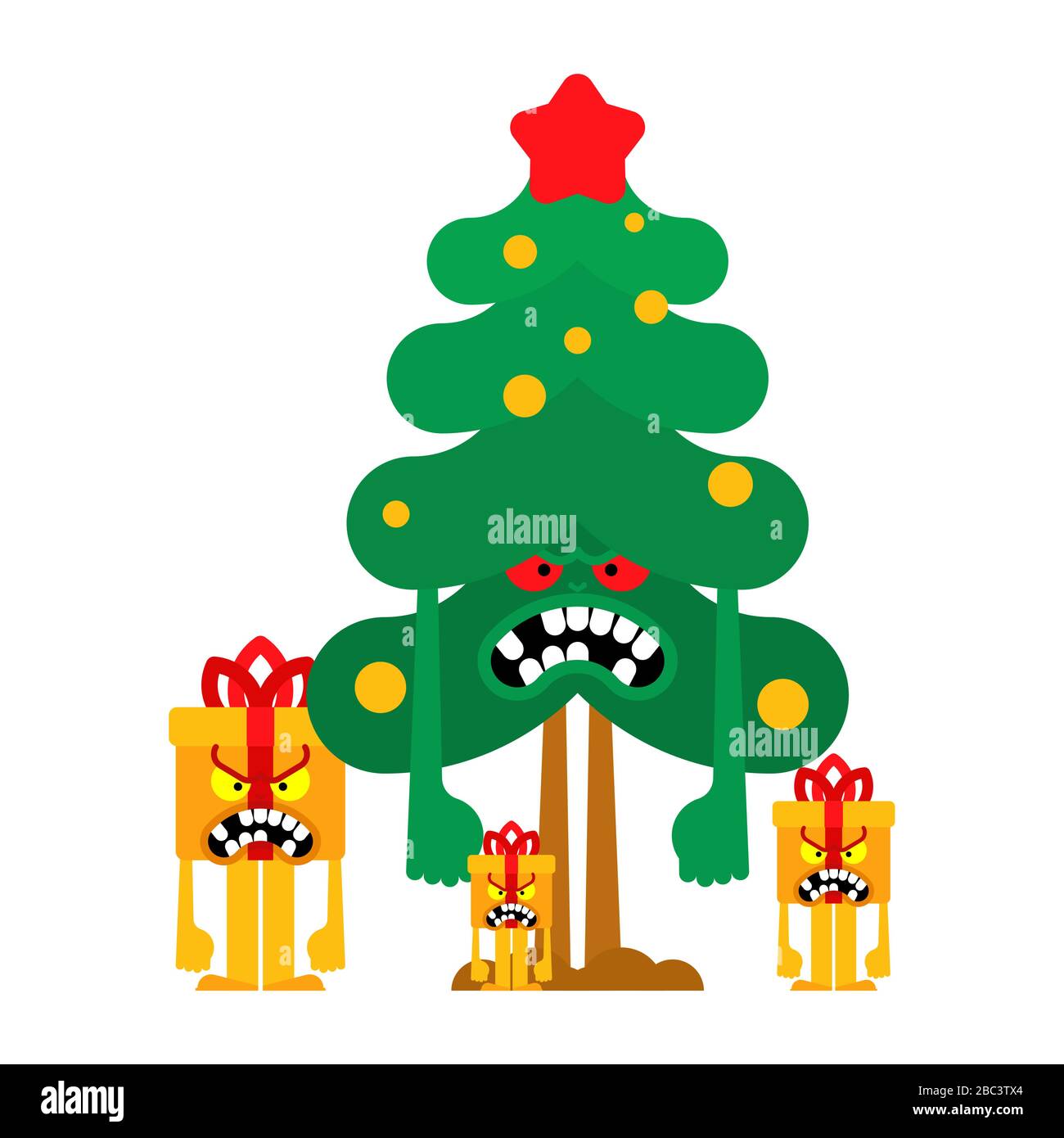 Angry Christmas. Crazy Christmas tree and gift box. Xmas and New Year ...