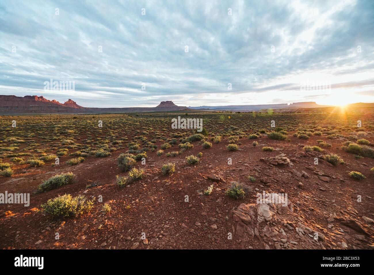 morning light rises over the shrub desert and red rock of Canyonlands ...