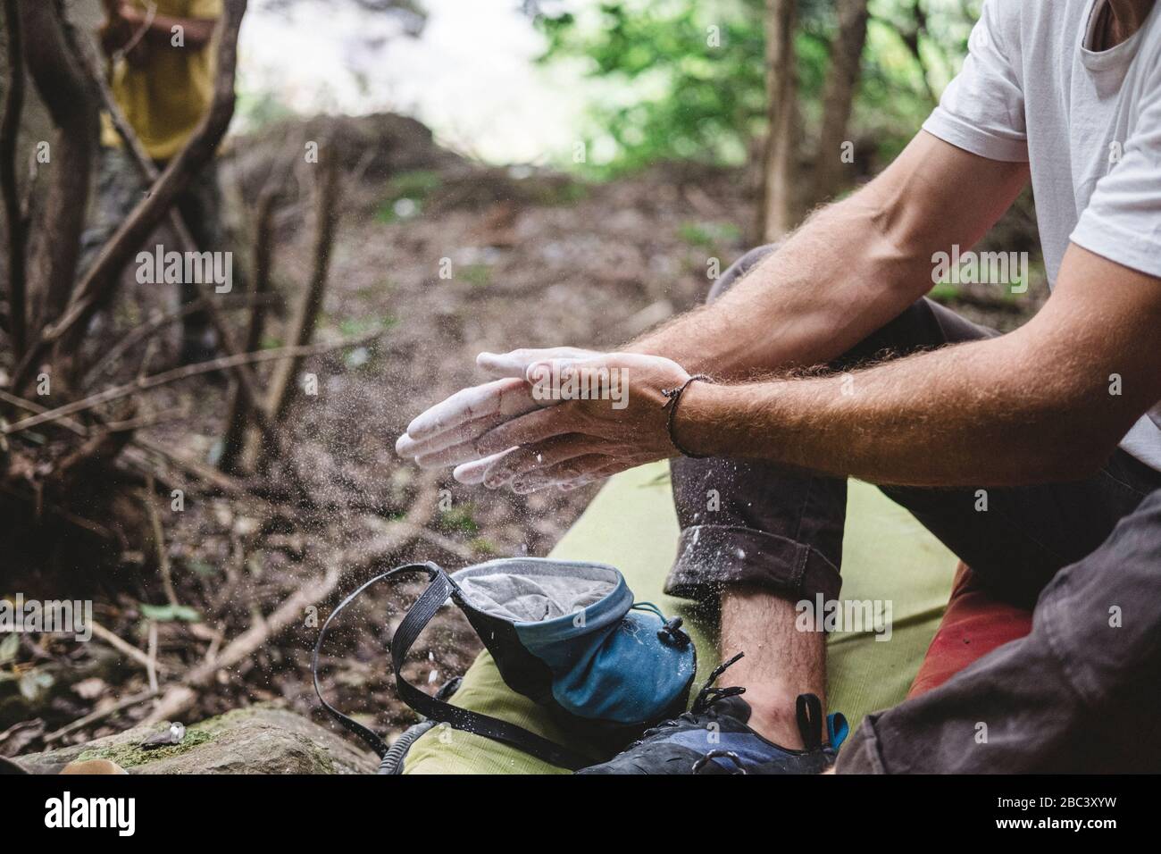 Close up of rock climber hands clapping hands with chalk Stock Photo ...