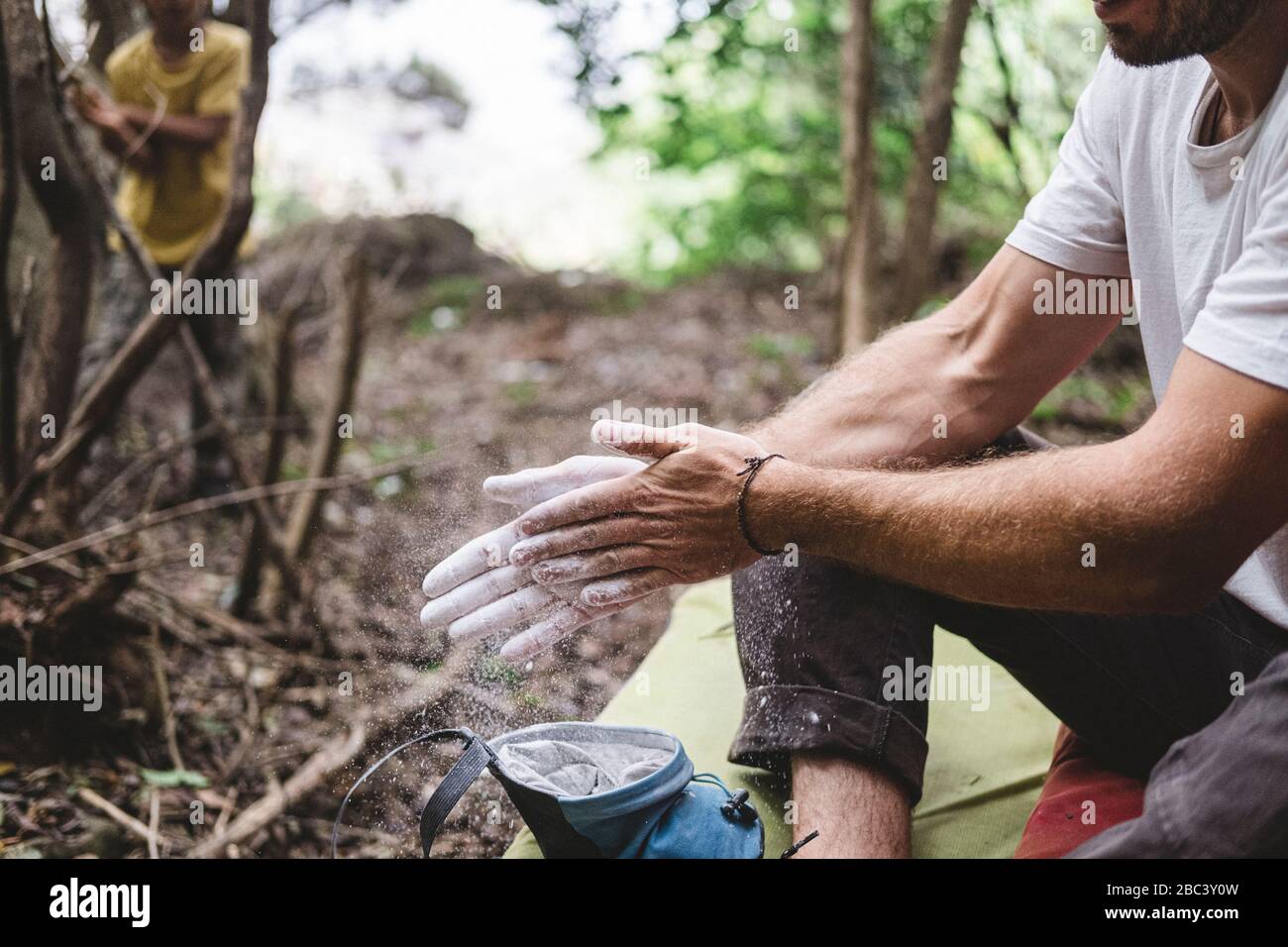 Close up of rock climber hands clapping hands with chalk Stock Photo ...