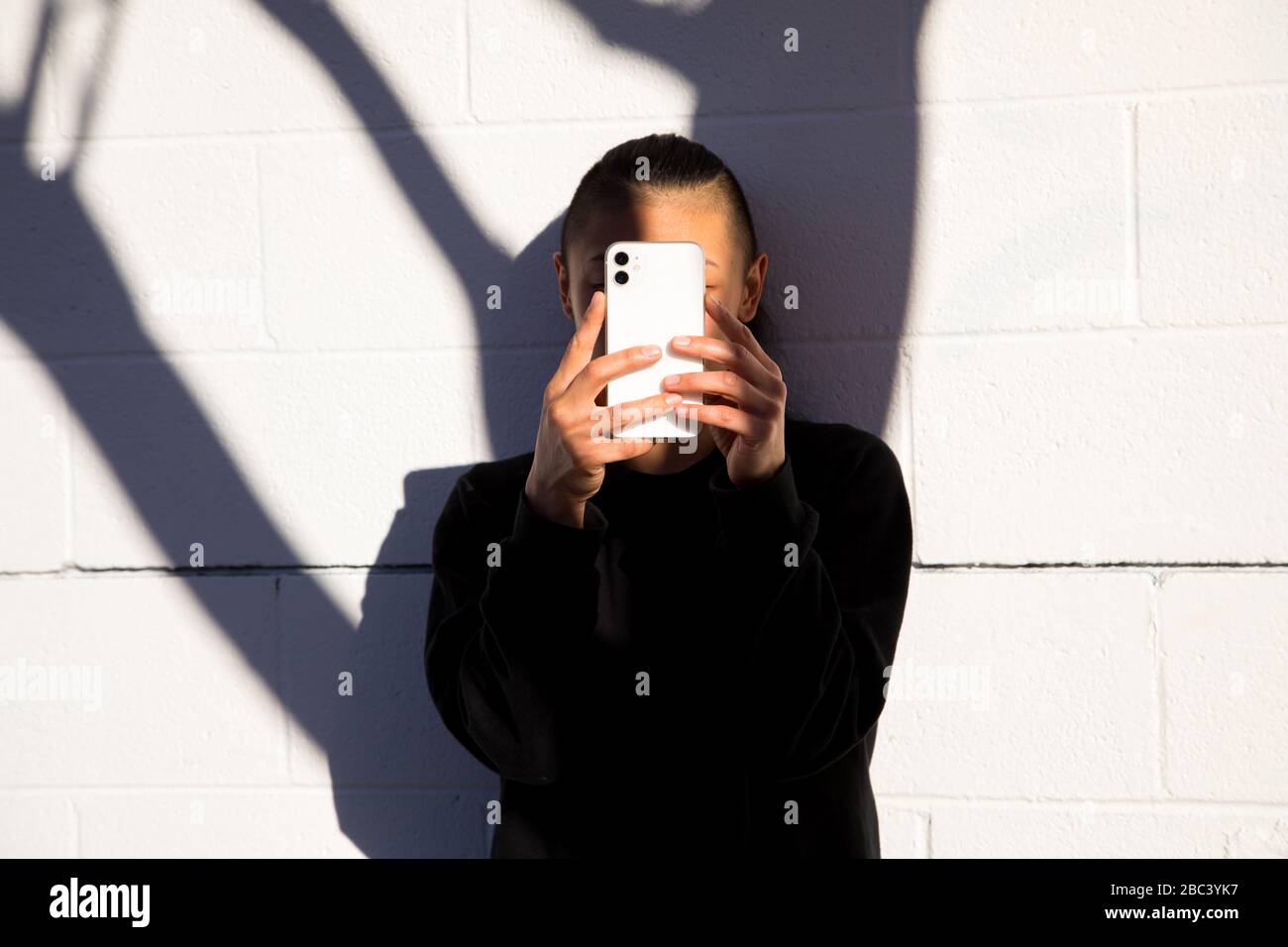 woman looking at cell phone with tree shadow Stock Photo - Alamy