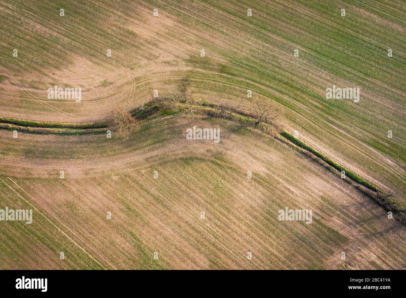 Textures and patterns of farming field at early spring - top down drone ...