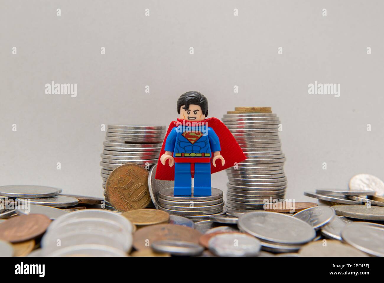 Florianopolis, Brazil, March 28, 2020: Superman on a pile of silver ...