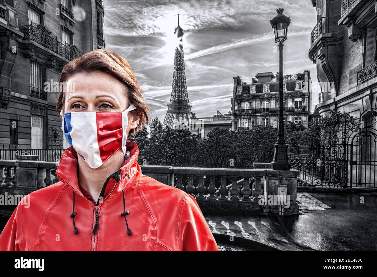 Woman wearing protection face mask with French flag against coronavirus ...