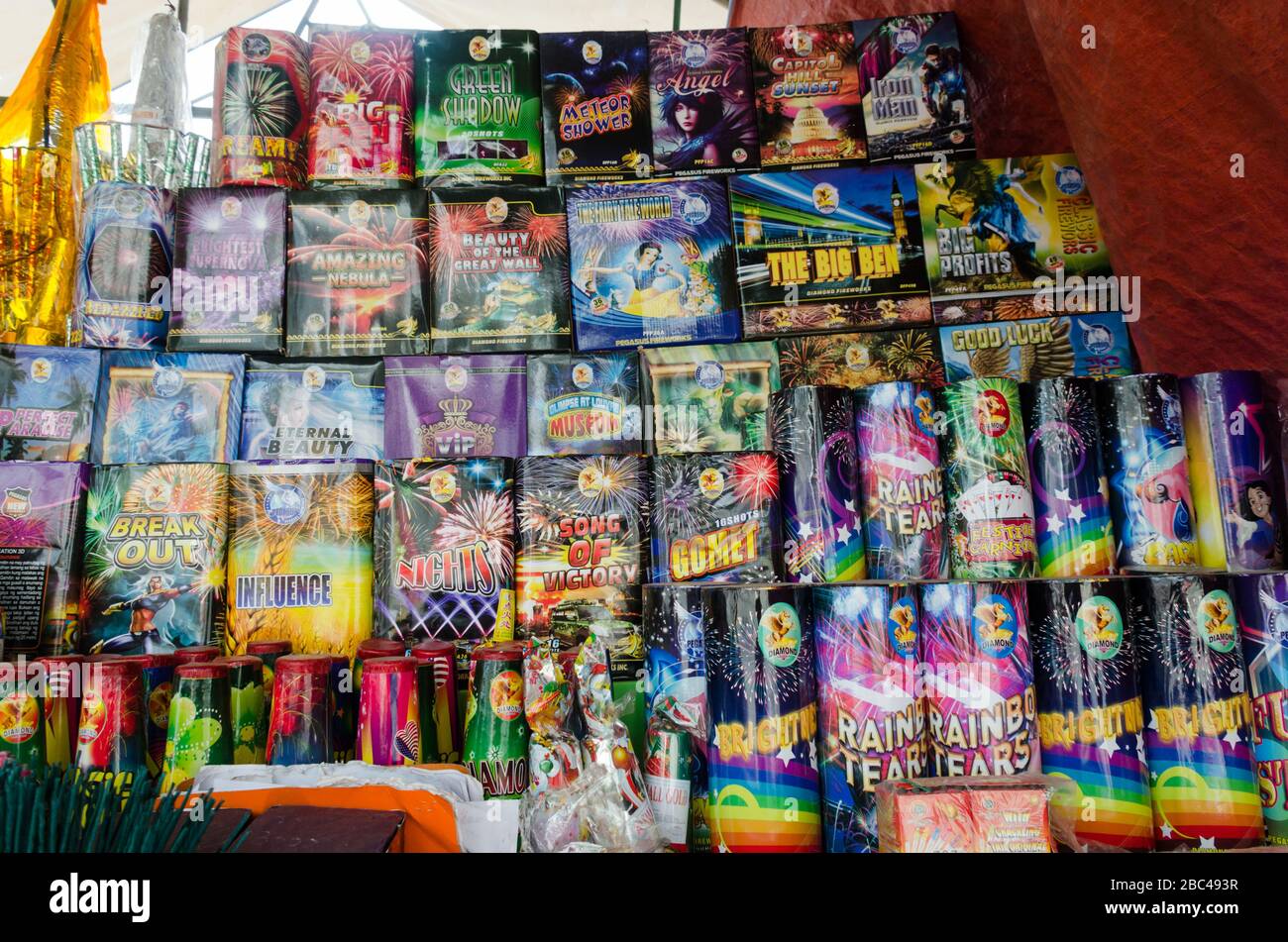 Assorted kinds of fireworks in a store shelve Stock Photo - Alamy