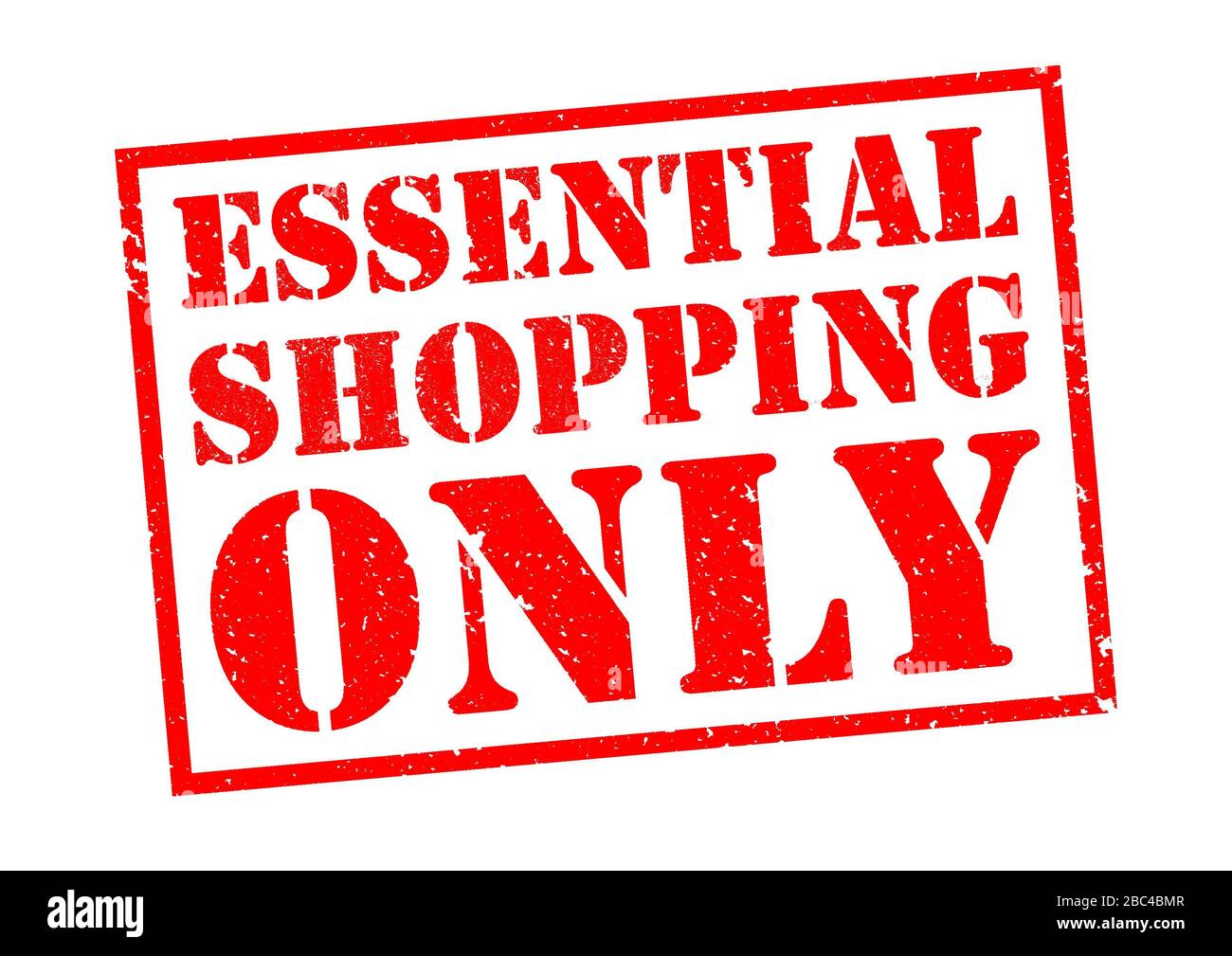 ESSENTIAL SHOPPING ONLY red Rubber Stamp over a white background Stock ...