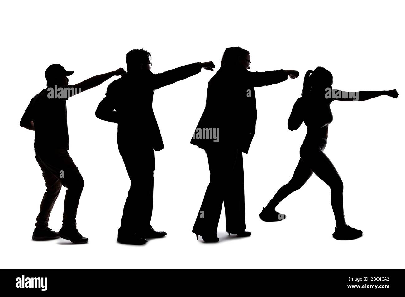 Silhouette of a group of people punching. The crowd is isolated on a ...