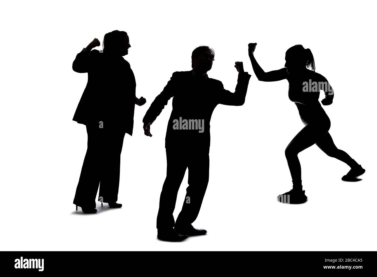 Silhouette of a group of people punching. The crowd is isolated on a ...
