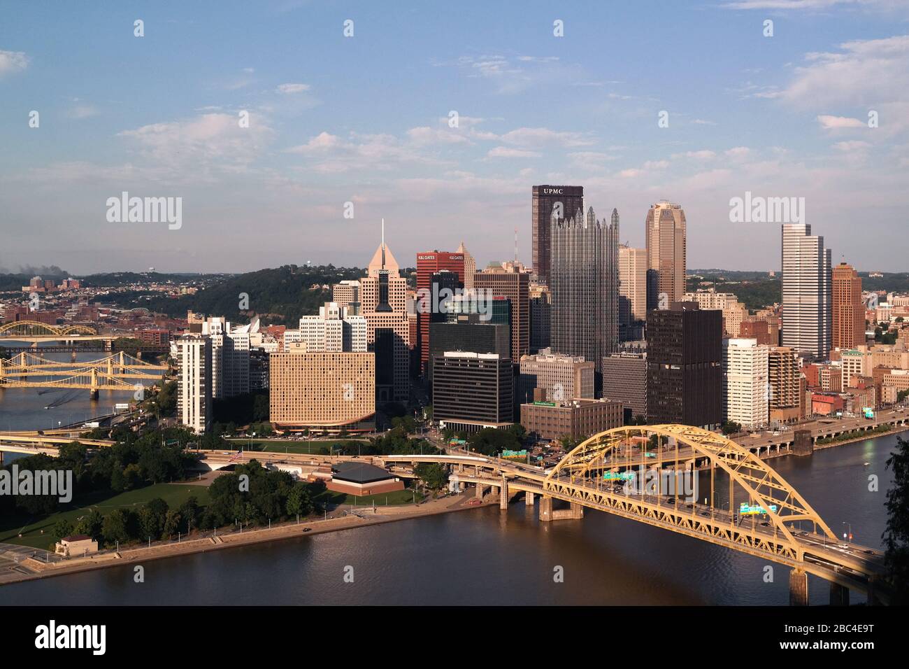 The Fort Pitt Bridge, Point State Park, the Monongahela River, and the ...