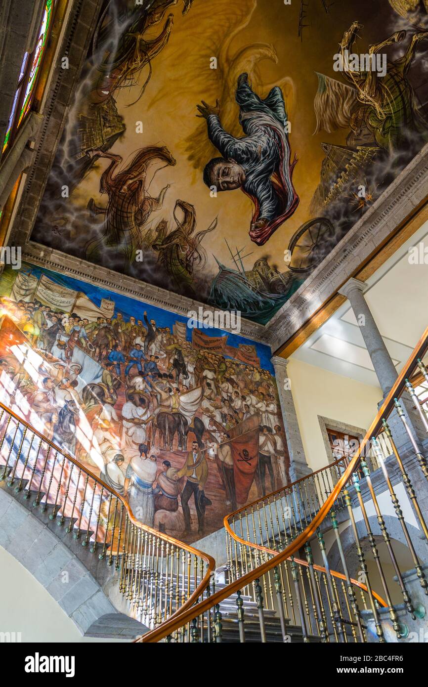 Main, marble staircase, adorned with Mexican murals and stain glass, at ...