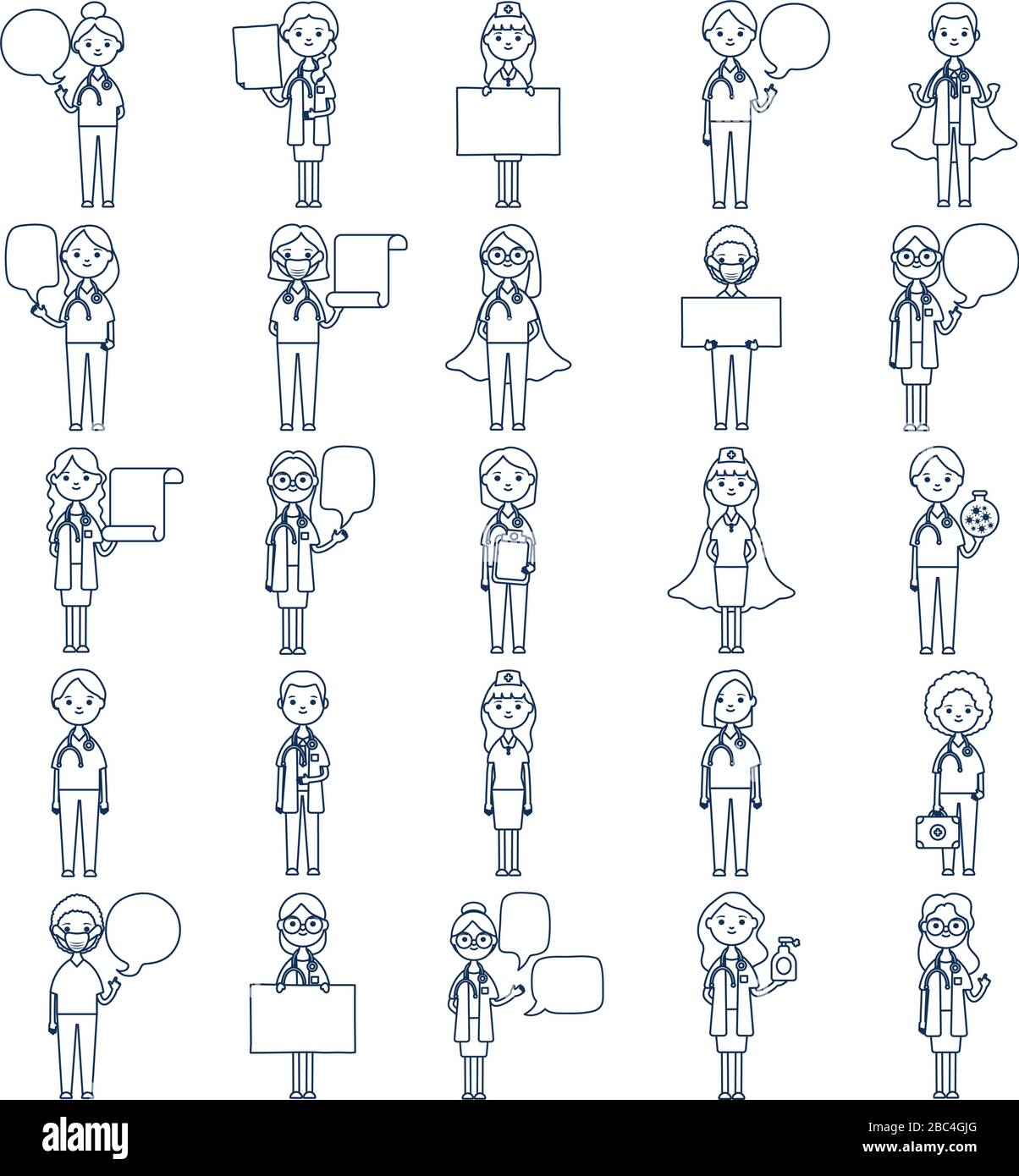 cartoon men and women medical doctors over white background, line style ...