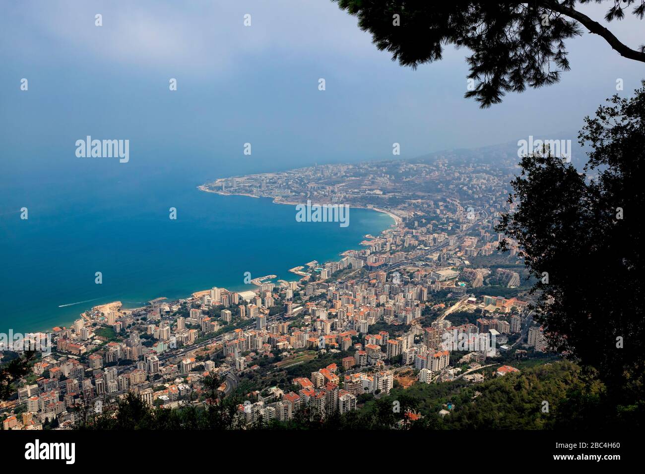 Panoramic aerial view of Jounieh, Lebanon, and the Mediterranean Sea ...