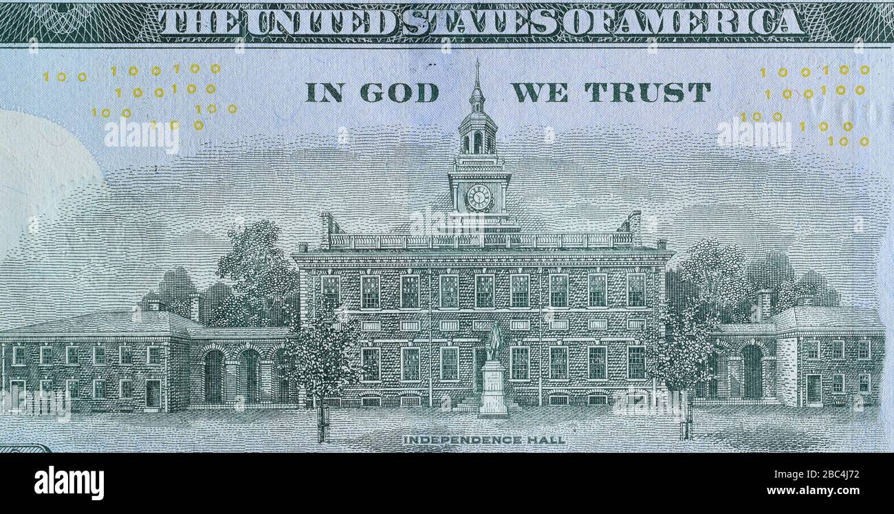 Independence Hall on 100 dollars banknote back side closeup macro ...