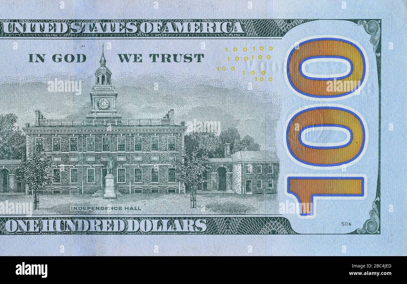 Independence Hall on 100 dollars banknote back side closeup macro ...