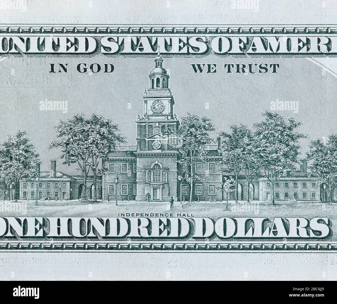 Independence Hall on 100 dollars banknote back side closeup macro ...
