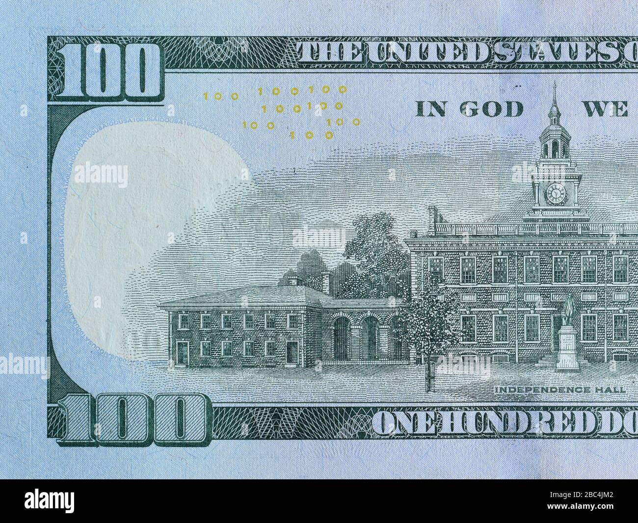 Independence Hall on 100 dollars banknote back side closeup macro ...