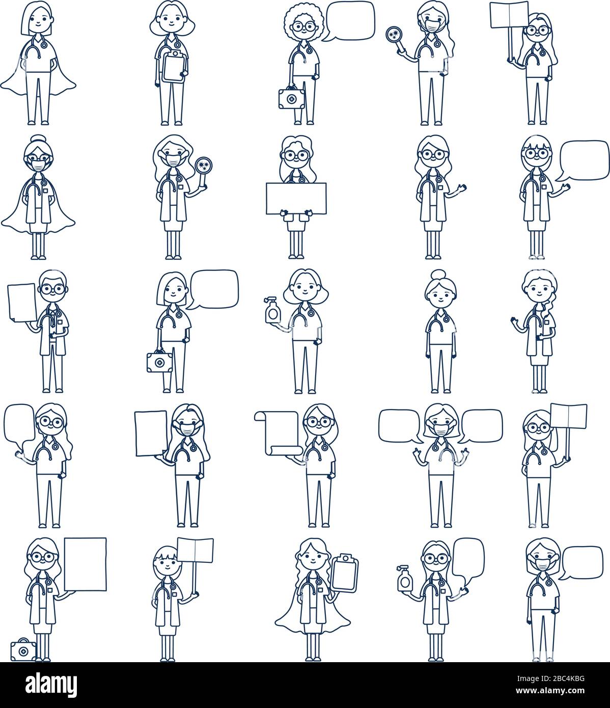 cartoon medical doctors and nurses icon set over white background, line ...