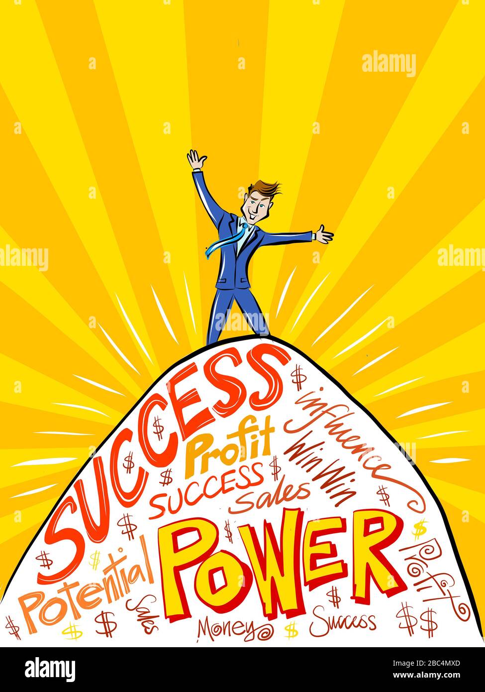 Man standing in a pile of success and profit. Bold radial background in ...