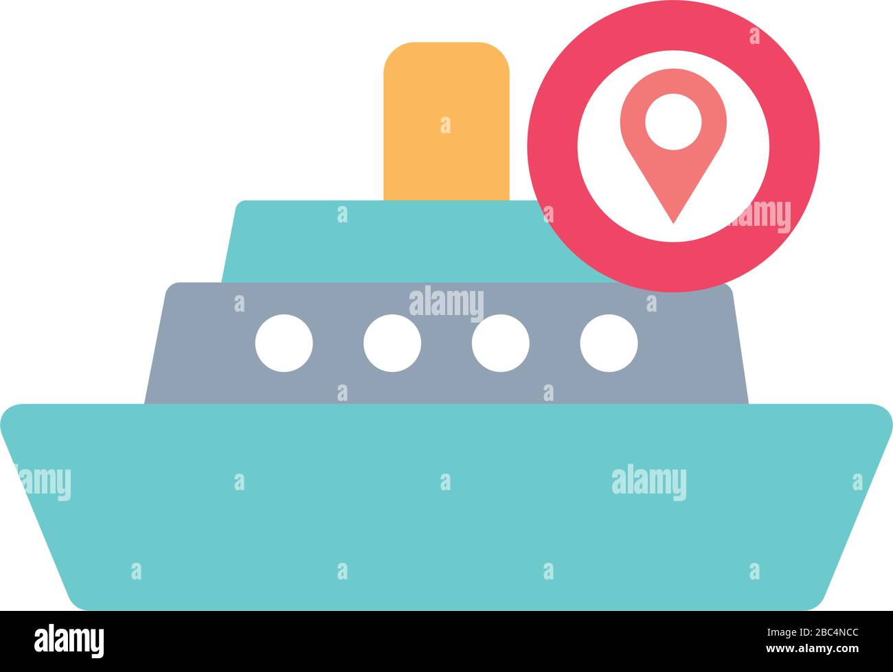 cargo ship and location pin icon over white background, flat style ...