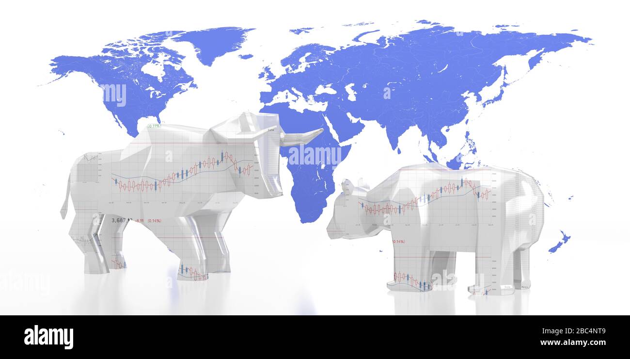 Bull and bear, world map - market/ finance/ stock concept - 3D ...