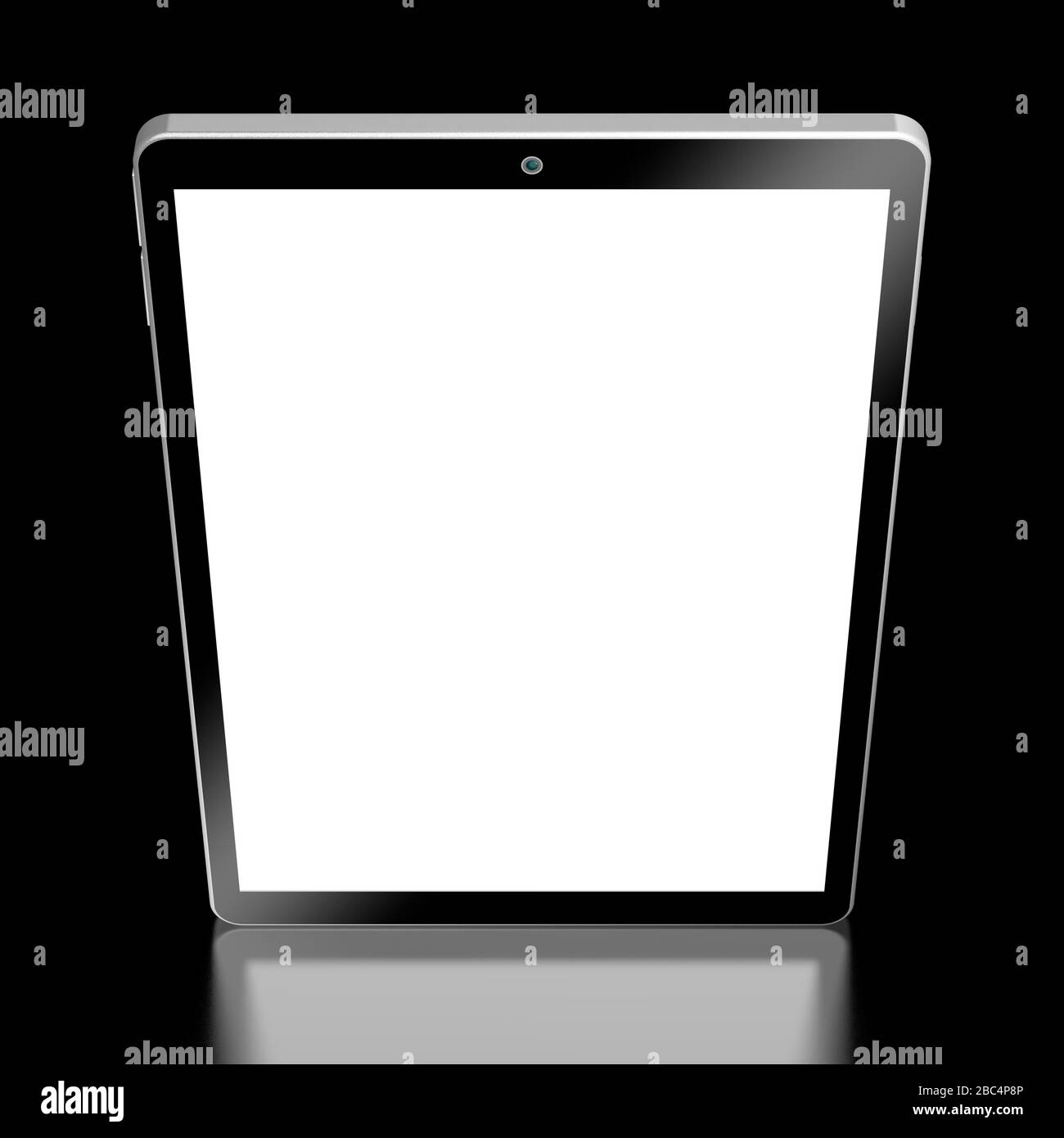 3D brandless tablet with empty screen isolated on black background ...